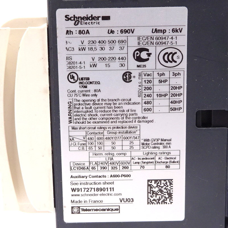 Contactor LC1D65ABD Schneider 24VDC 30kW *Fitted* - Axxa - Motor Control & Automation